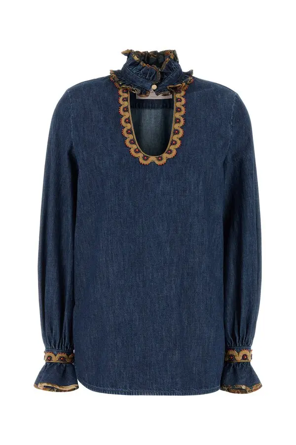 Valentino Garavani Chambray Denim Blouse With Printed Fabric Inserts