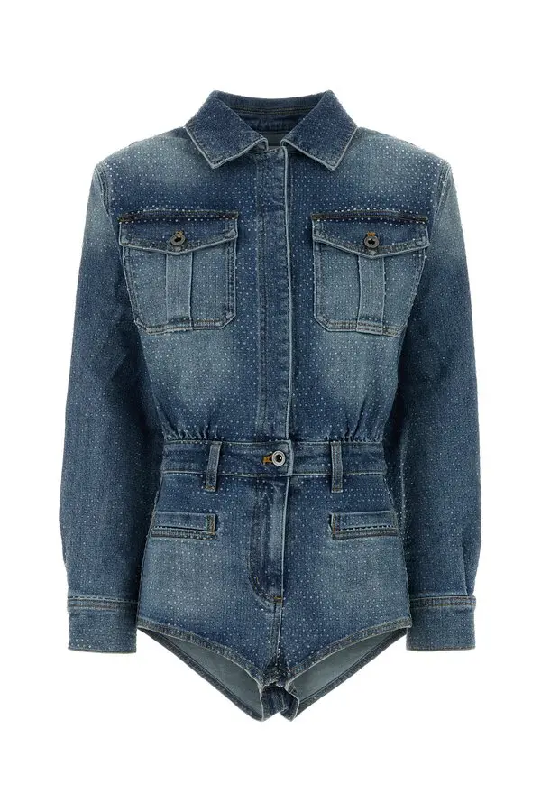 SELF-PORTRAIT Embellished Denim Jumpsuit - Blue