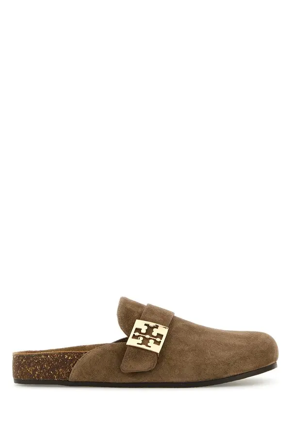 Tory Burch Suede Mellow Slippers With Metal Logo Detail - Light Brown