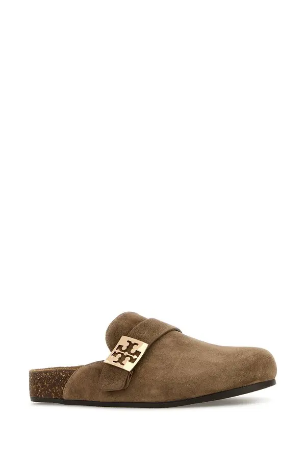 Tory Burch Suede Mellow Slippers With Metal Logo Detail - Light Brown