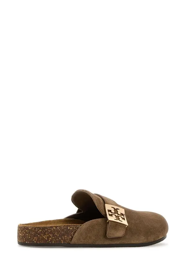 Tory Burch Suede Mellow Slippers With Metal Logo Detail - Light Brown