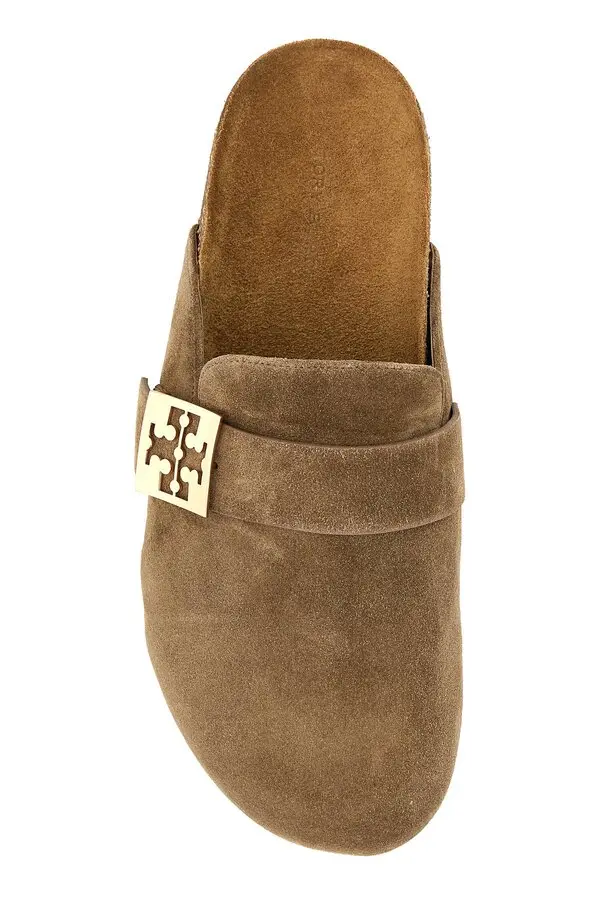 Tory Burch Suede Mellow Slippers With Metal Logo Detail - Light Brown