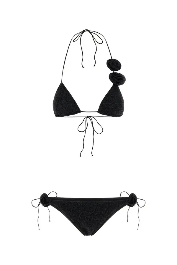 Oseree Nylon Blend Lurex Bikini With Floral Embellishments - Black
