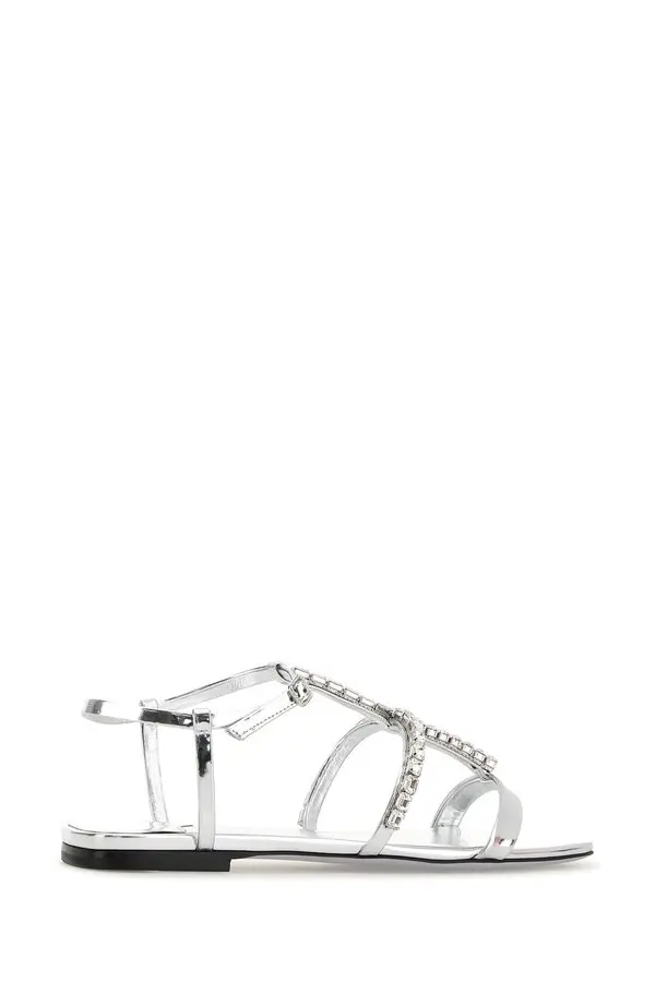 JIMMY CHOO Silver Leather Gwyn Sandals With Rhinestones