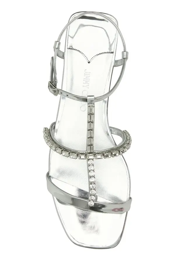 JIMMY CHOO Silver Leather Gwyn Sandals With Rhinestones