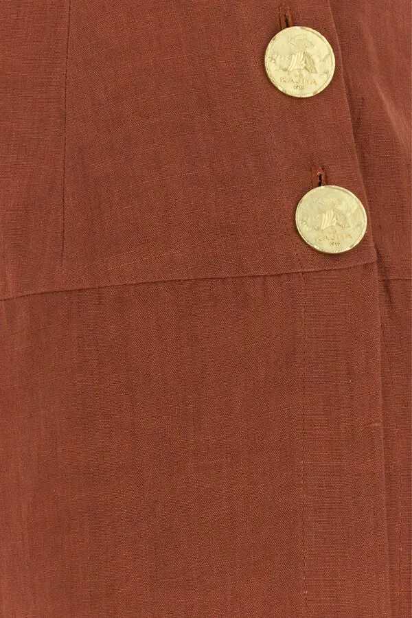 Le Kasha Brick Linen Maxi Skirt With Logo Buttons