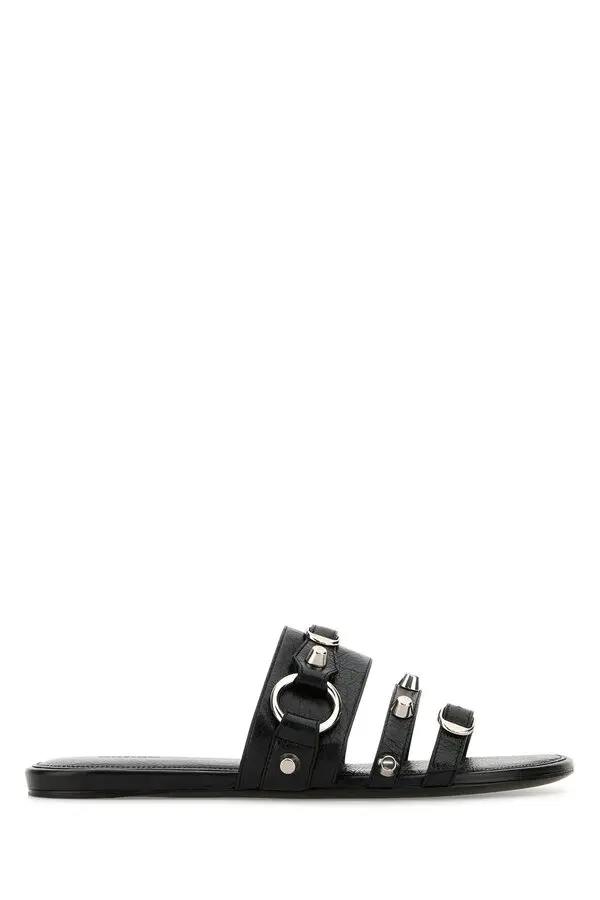 Balenciaga Arena Lamb Leather City Slippers With Metal Studs And Buckles - Black