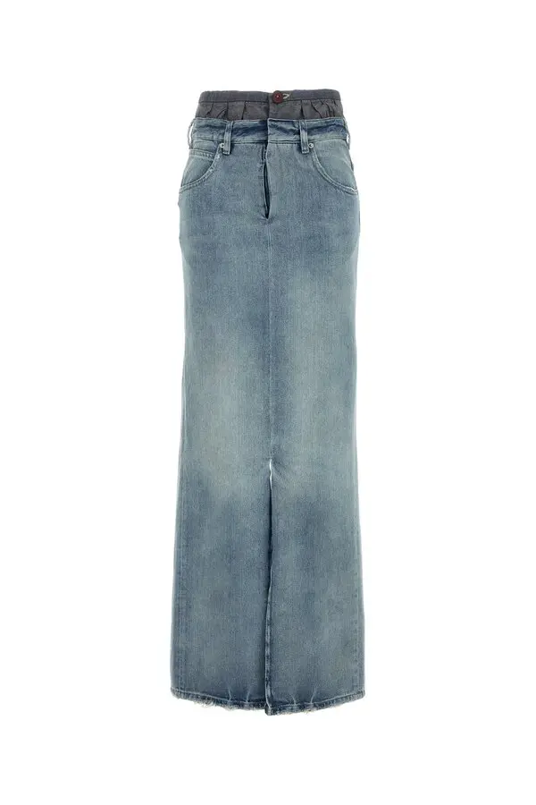MAISON MARGIELA Long Denim Skirt With Distressed Trimmings And Contrast Stitching - Blue