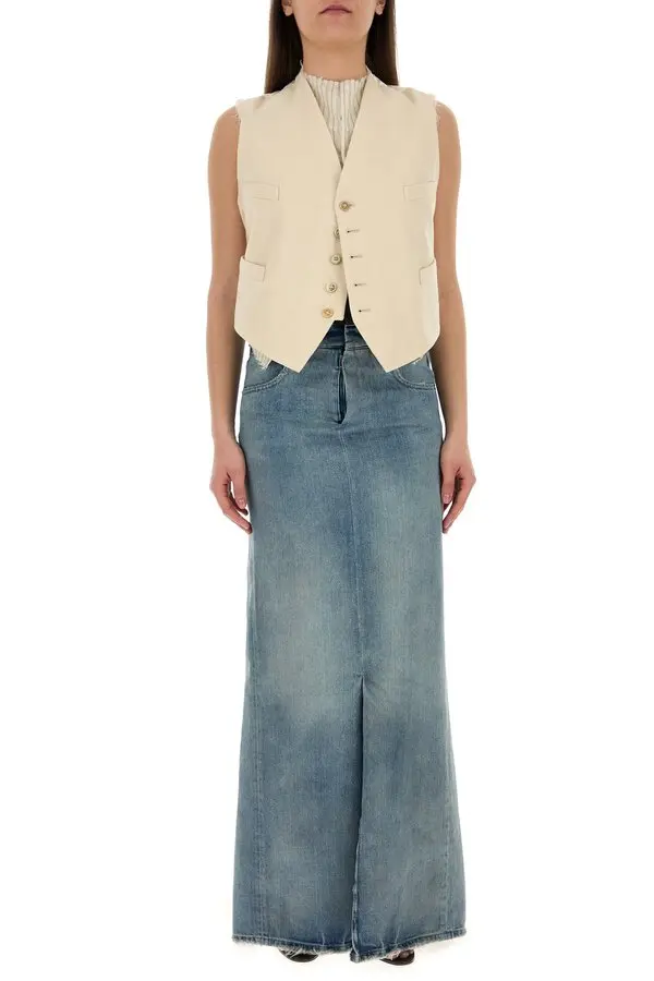 MAISON MARGIELA Long Denim Skirt With Distressed Trimmings And Contrast Stitching - Blue