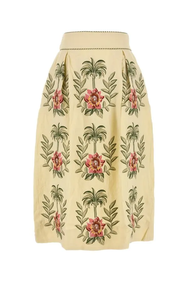Farm Rio Cream Linen Blend Flared Skirt With Tropical Floral Embroidery