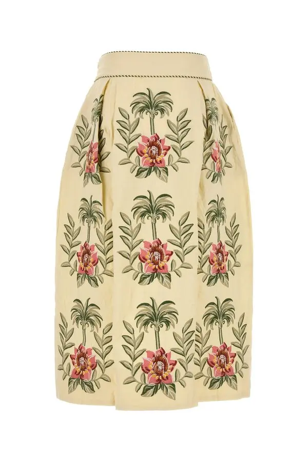 Farm Rio Cream Linen Blend Flared Skirt With Tropical Floral Embroidery