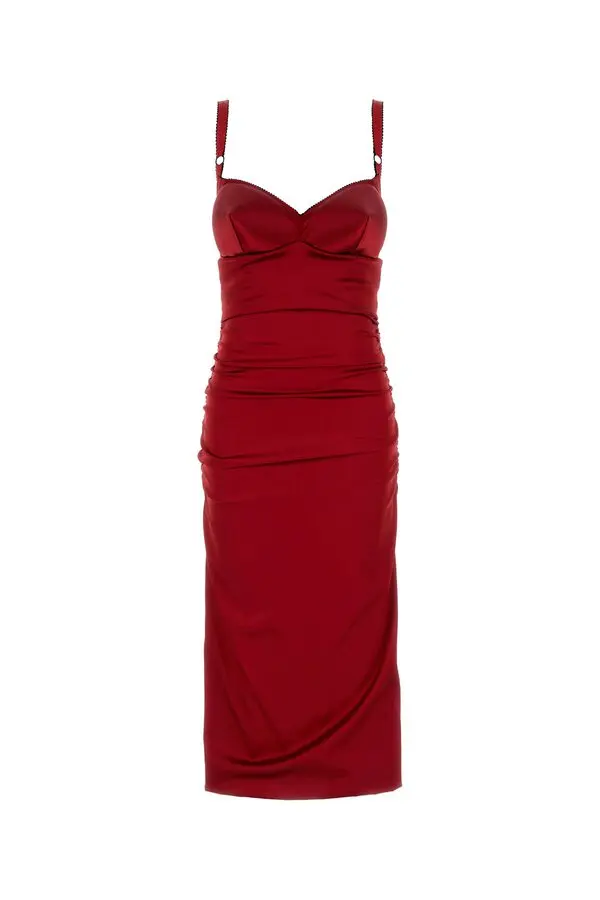 Dolce & Gabbana Draped Satin Sweetheart Neckline Midi Dress - Red