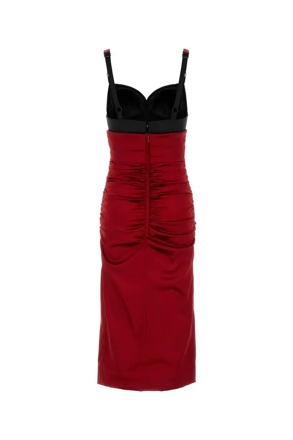 Dolce & Gabbana Draped Satin Sweetheart Neckline Midi Dress - Red