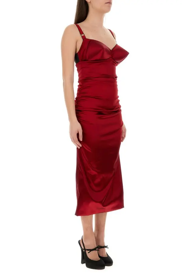Dolce & Gabbana Draped Satin Sweetheart Neckline Midi Dress - Red
