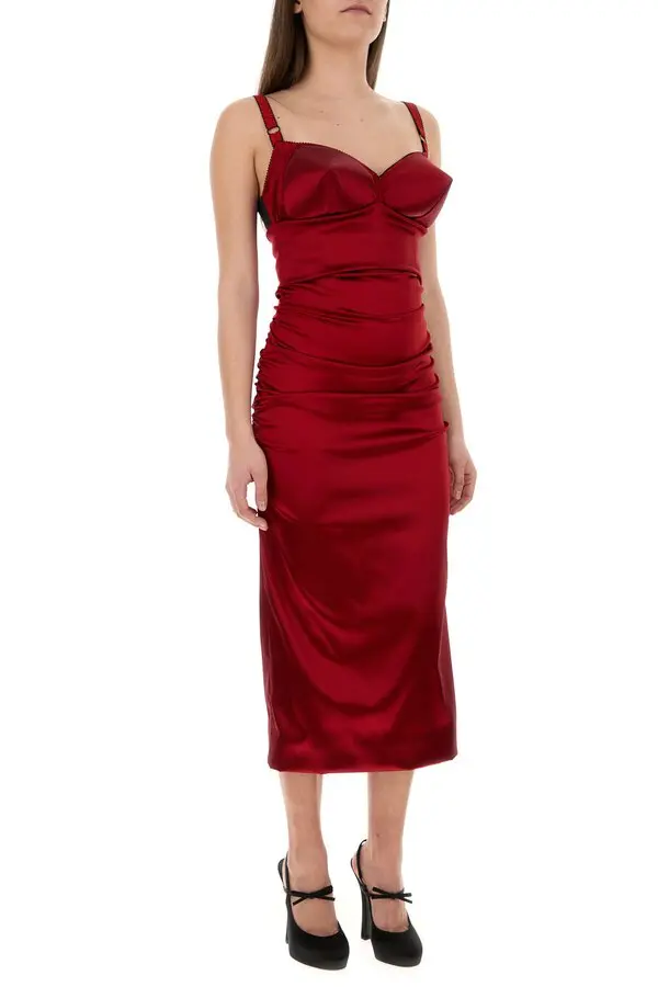 Dolce & Gabbana Draped Satin Sweetheart Neckline Midi Dress - Red