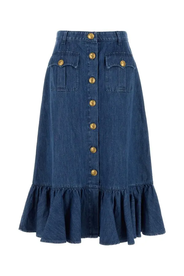 Valentino Garavani Denim Midi Skirt With Ruffle Hem