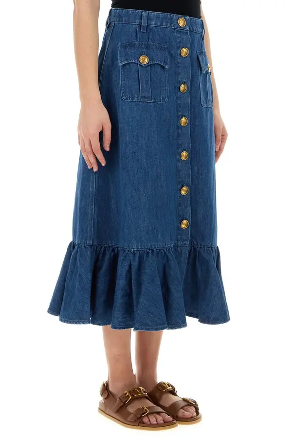 Valentino Garavani Denim Midi Skirt With Ruffle Hem