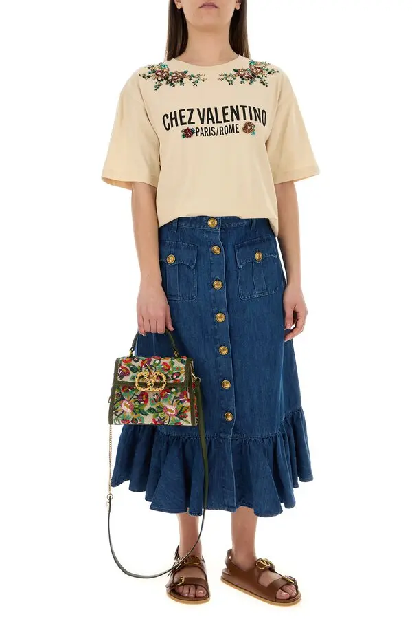 Valentino Garavani Denim Midi Skirt With Ruffle Hem
