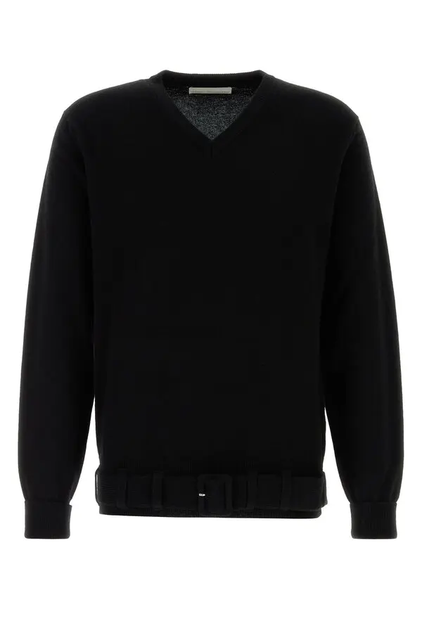Random Identities Wool Blend V-neck Sweater With Belted Hem