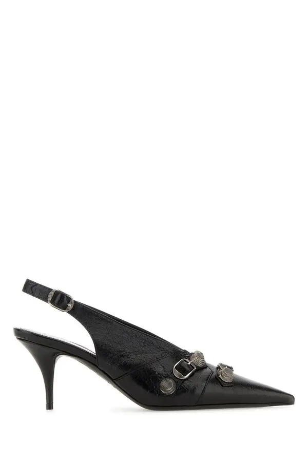 Balenciaga Leather Cagole Slingback Pumps With Studs And Buckles - Black