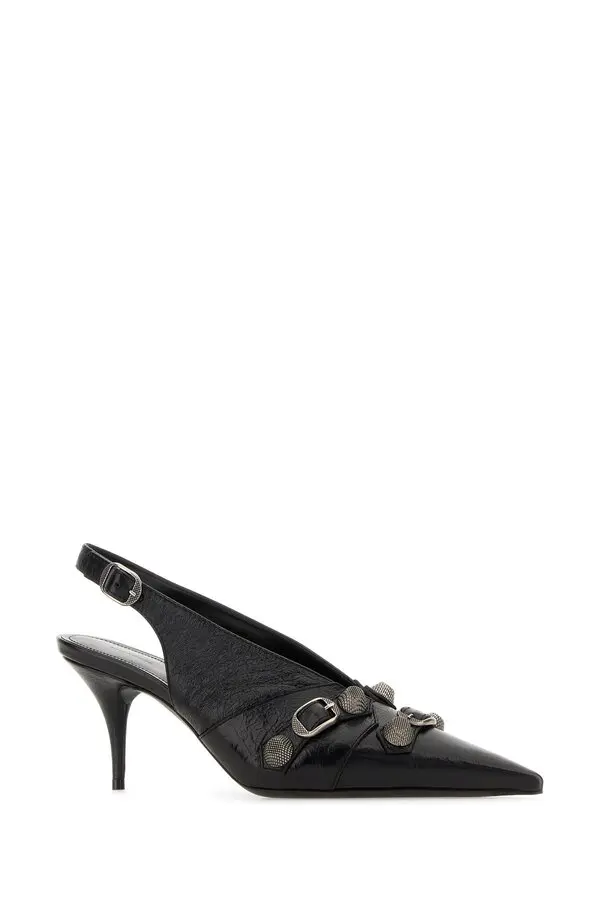 Balenciaga Leather Cagole Slingback Pumps With Studs And Buckles - Black