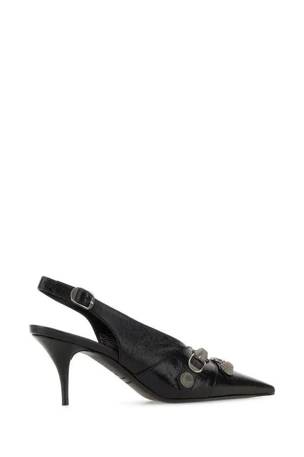 Balenciaga Leather Cagole Slingback Pumps With Studs And Buckles - Black