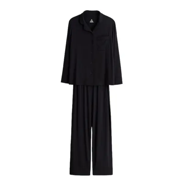PURE PARIMA Soft-knit Long Sleeve Pajama Set - Black