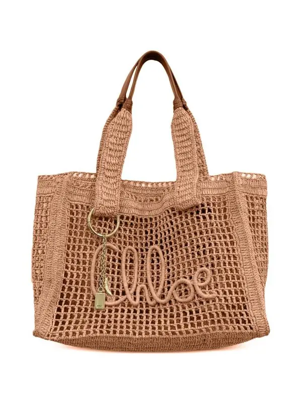 Chloé Raffia Tote Bag With Logo Detail - Beige