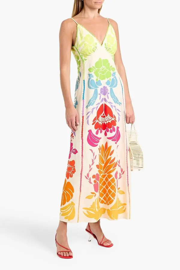 Farm Rio Embroidered Printed Linen-blend Maxi Dress