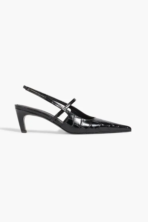 TOTEME Sharp Croceffect Leather Slingback Pumps - Black