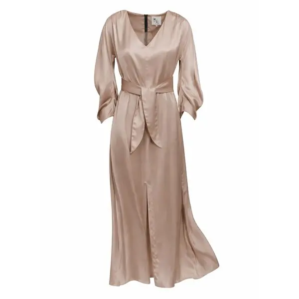 JULIA ALLERT Satin V-neck Ankle-length Dress With Belt - Beige