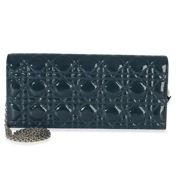 Dior Patent Cannage Lady Clutch With Chain - Blue