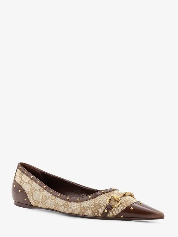 Gucci Savoy Gg Fabric With Stud Detail Ballet Flats - Beige