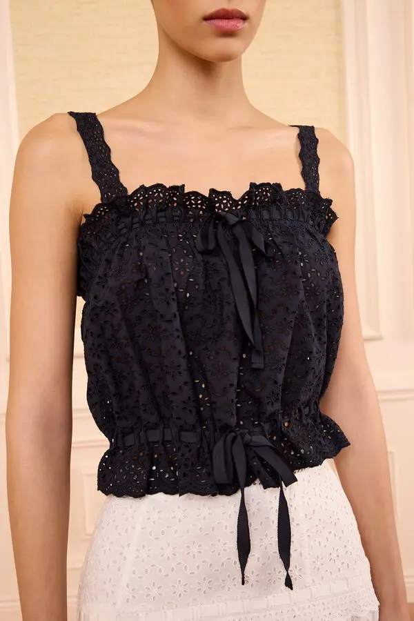 Ulla Johnson Cotton Eyelet Crop Top With Ruffle Trim - Midnight