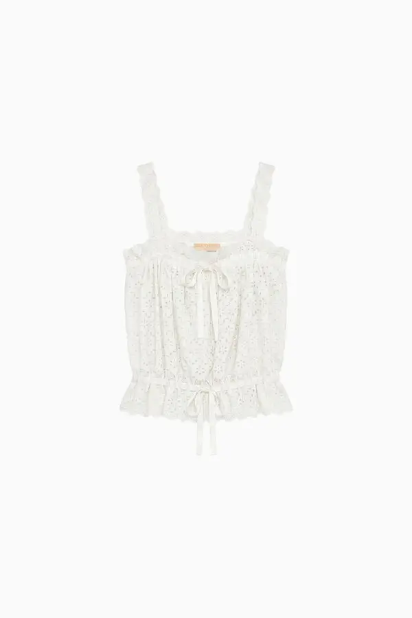 Ulla Johnson Eyelet Cotton Top With Ribbon Appliqu - Pristine