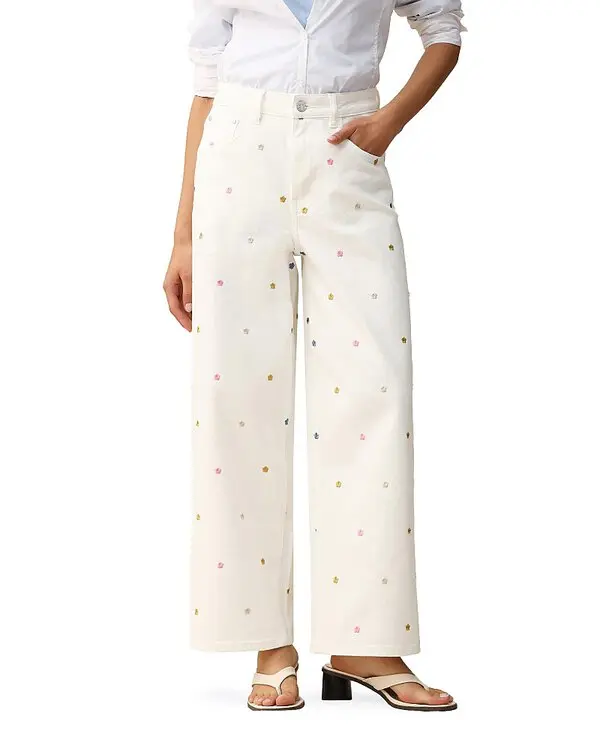 BAYEAS High Rise Flower Embroidered Wide Leg Jeans - White