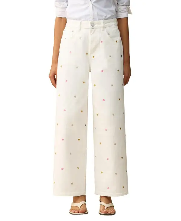 BAYEAS High Rise Wide Leg Jeans With Floral Embroidery