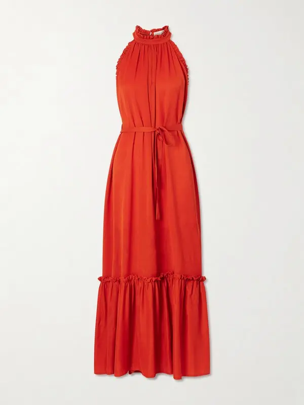Giuliva Heritage Silk Maxi Dress With Ruffled High Neck - Red