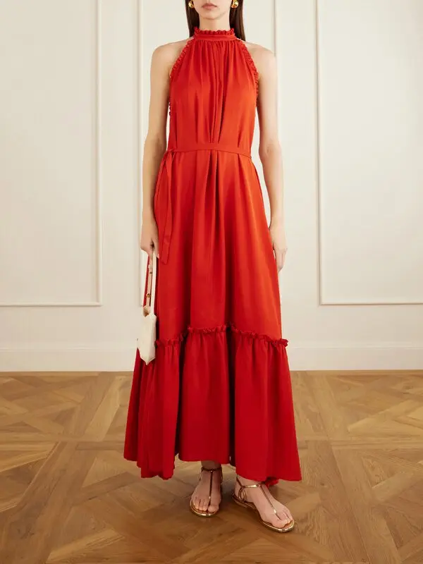 Giuliva Heritage Silk Maxi Dress With Ruffled High Neck - Red