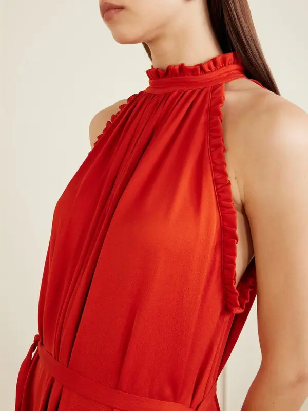 Giuliva Heritage Silk Maxi Dress With Ruffled High Neck - Red