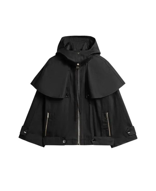 NOCTURNE Hooded Short Trench Jacket With Cape Overlay