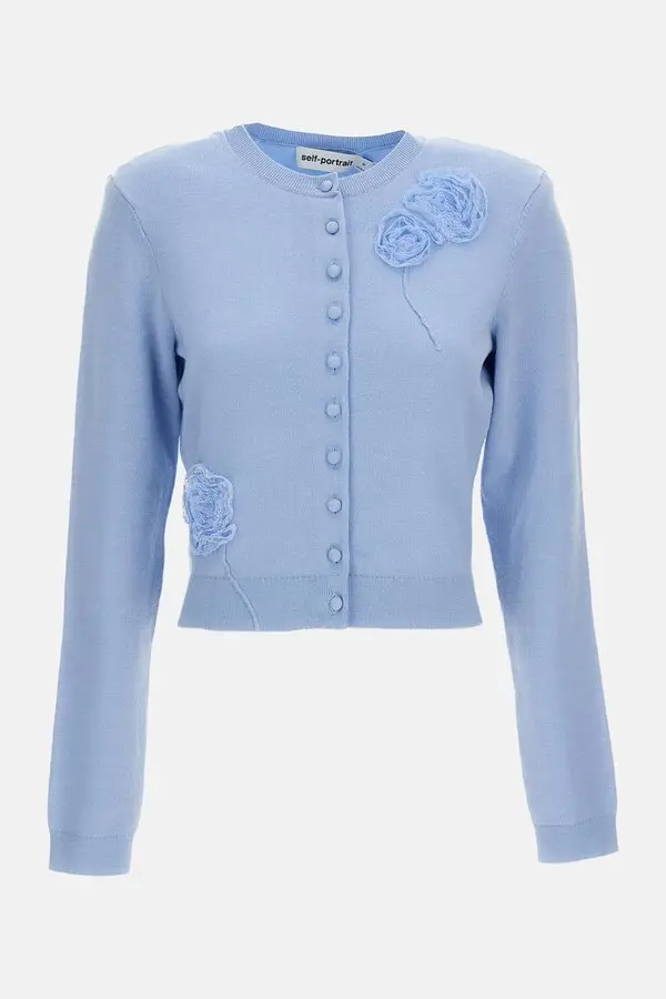 SELF-PORTRAIT Floral Embellished Knit Cardigan - Sky Blue