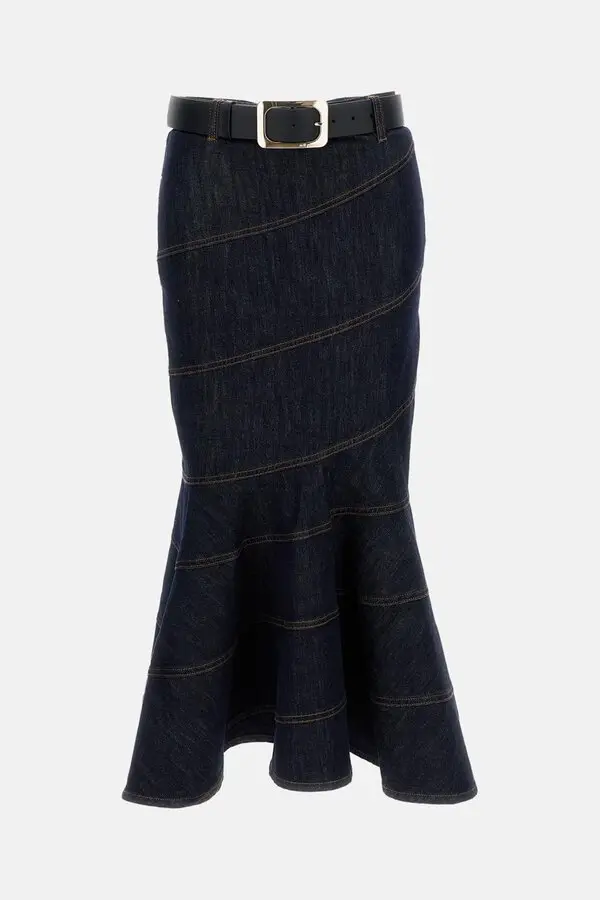 SELF-PORTRAIT Denim Mermaid Skirt With Belt
