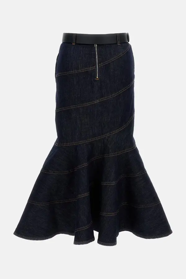 SELF-PORTRAIT Denim Mermaid Skirt With Belt