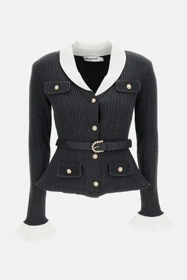 SELF-PORTRAIT Ribbed-knit Cardigan With Contrasting Details - Grigio