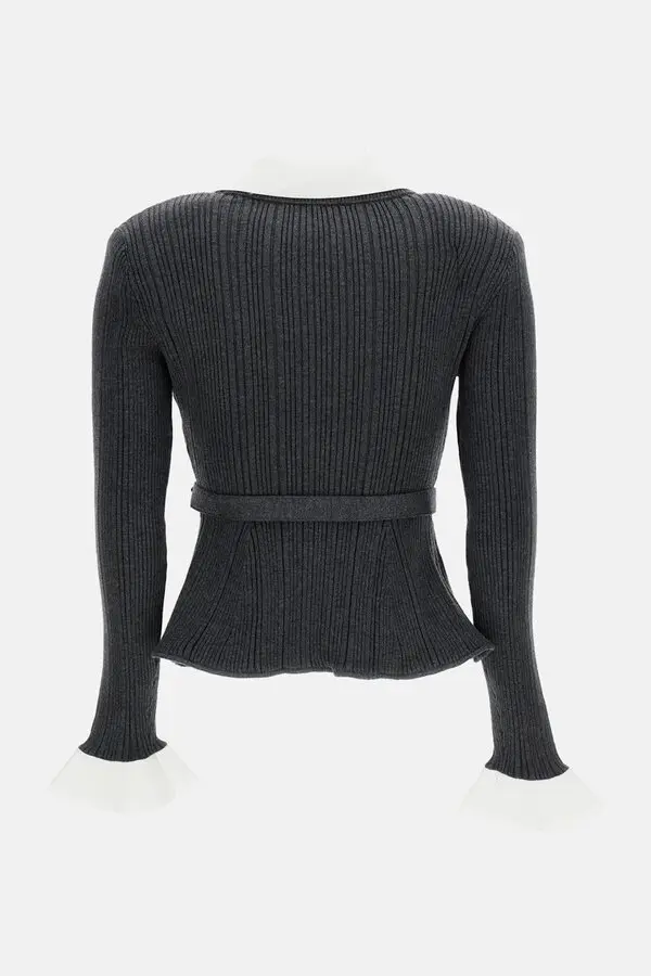 SELF-PORTRAIT Ribbed-knit Cardigan With Contrasting Details - Grigio
