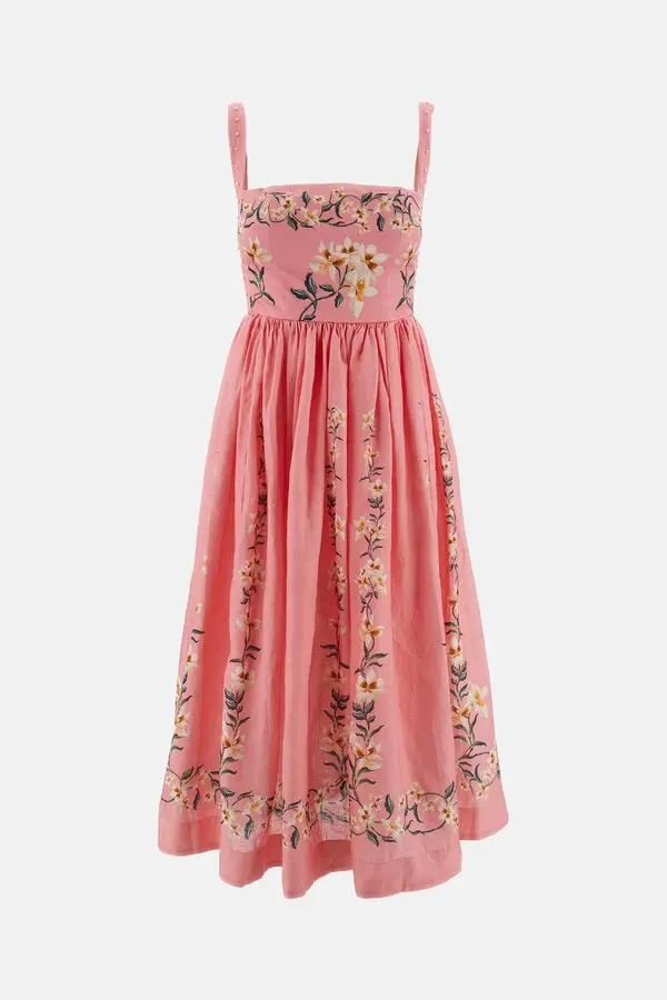 Agua Bendita Linen Midi Dress - Rosa