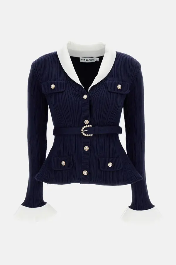 SELF-PORTRAIT Rib-knit Cardigan With Pearl Buckle Belt - Blu