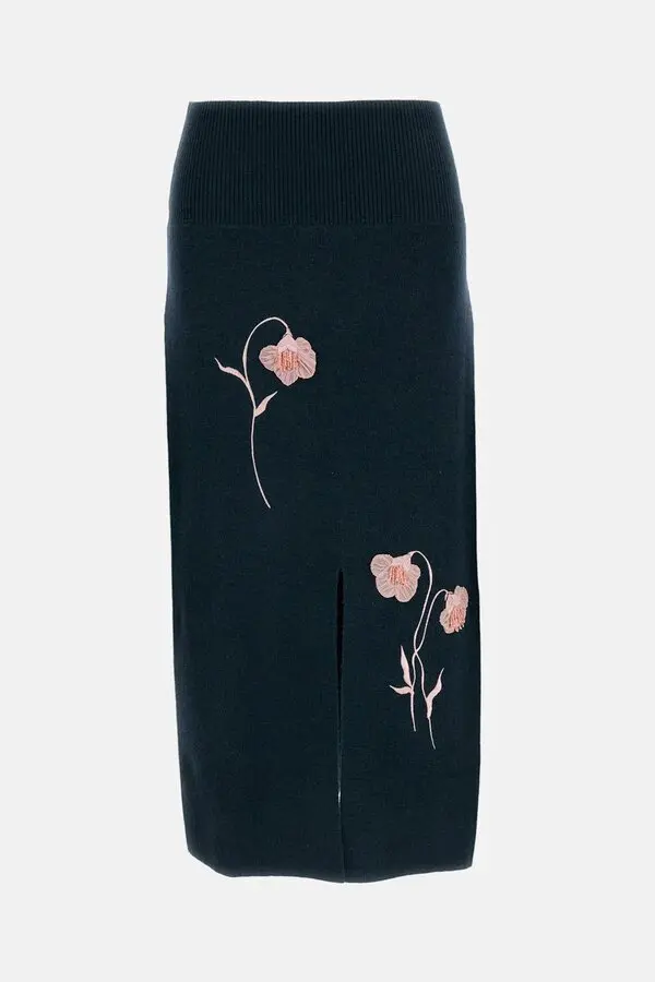 Erdem Knitted Midi Skirt With Floral Embroidery - Verde