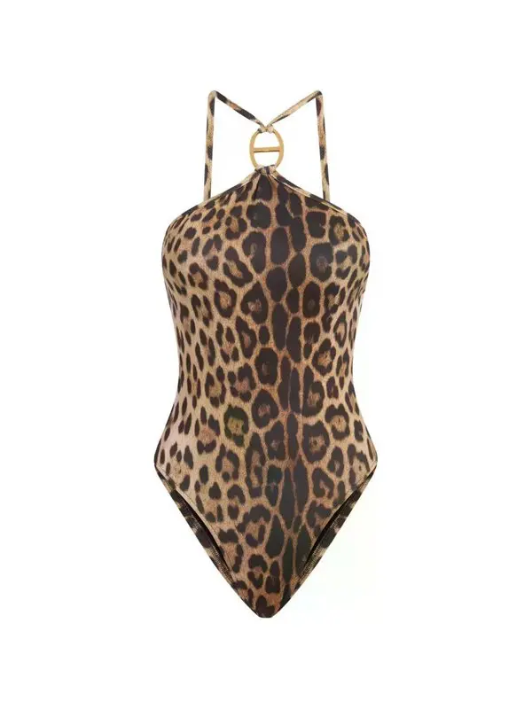 Moschino Leopard-print Halterneck Swimsuit - Brown